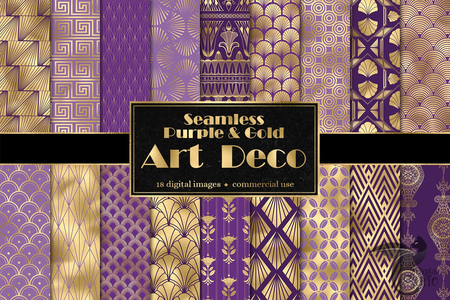 Purple and Gold Art Deco Digital Paper, Seamless Geometric Patterns ...