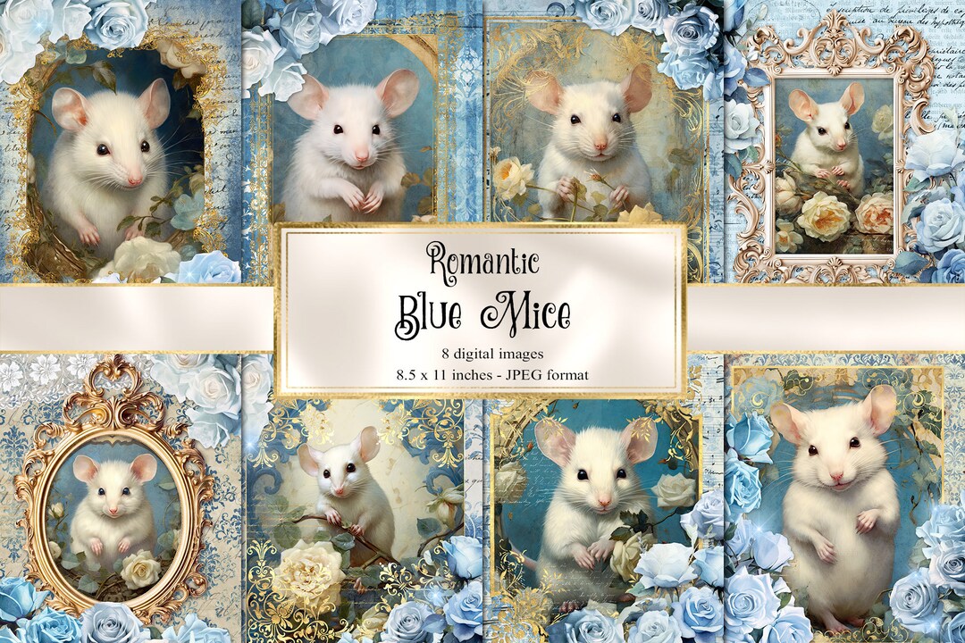 Blue Roses Mice Junk Journal Pages, Rococo Printable Paper (digital ...