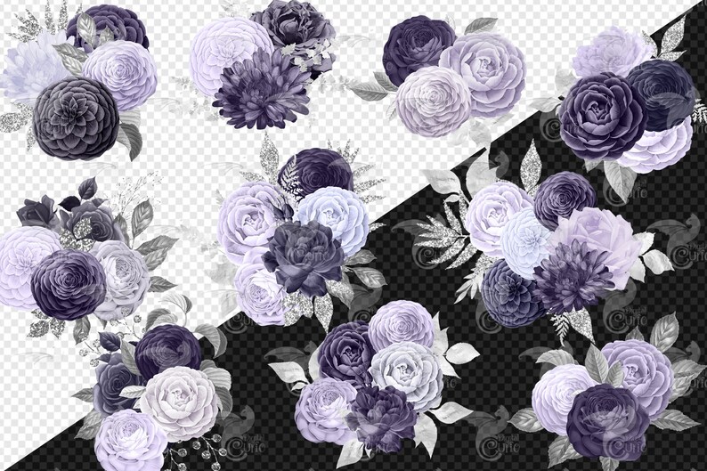 Heather and Silver Floral Bouquets Clipart, Purple Wedding Flowers ...