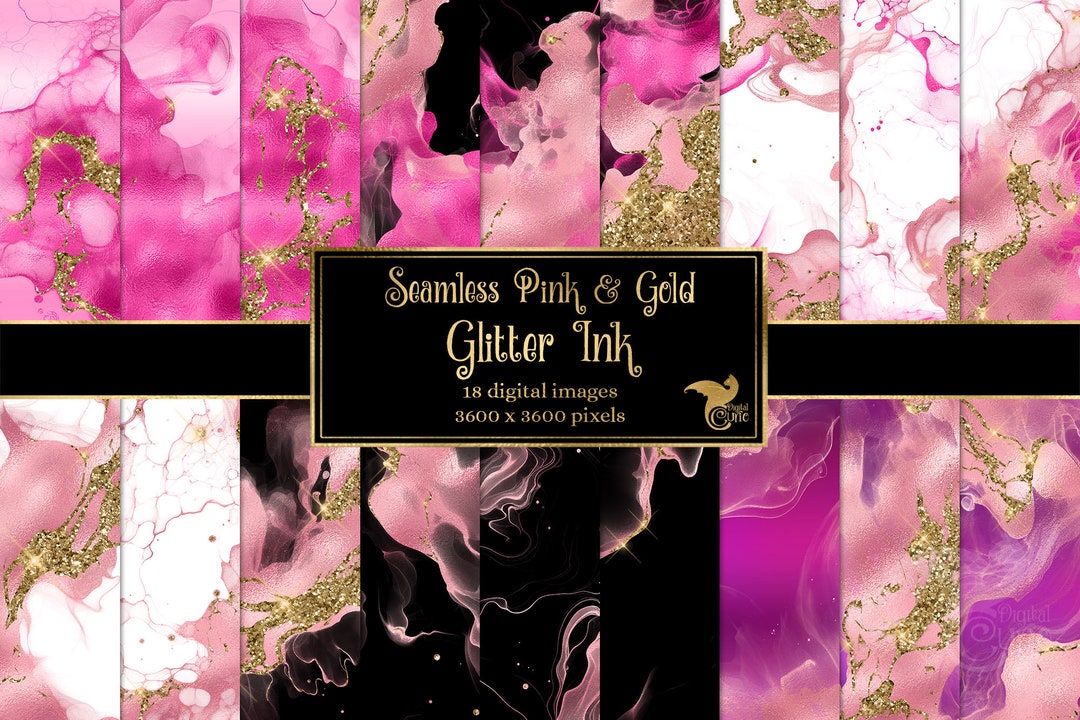 Pink and Gold Glitter Ink Digital Paper, Liquid Foil and Gold Glitter ...