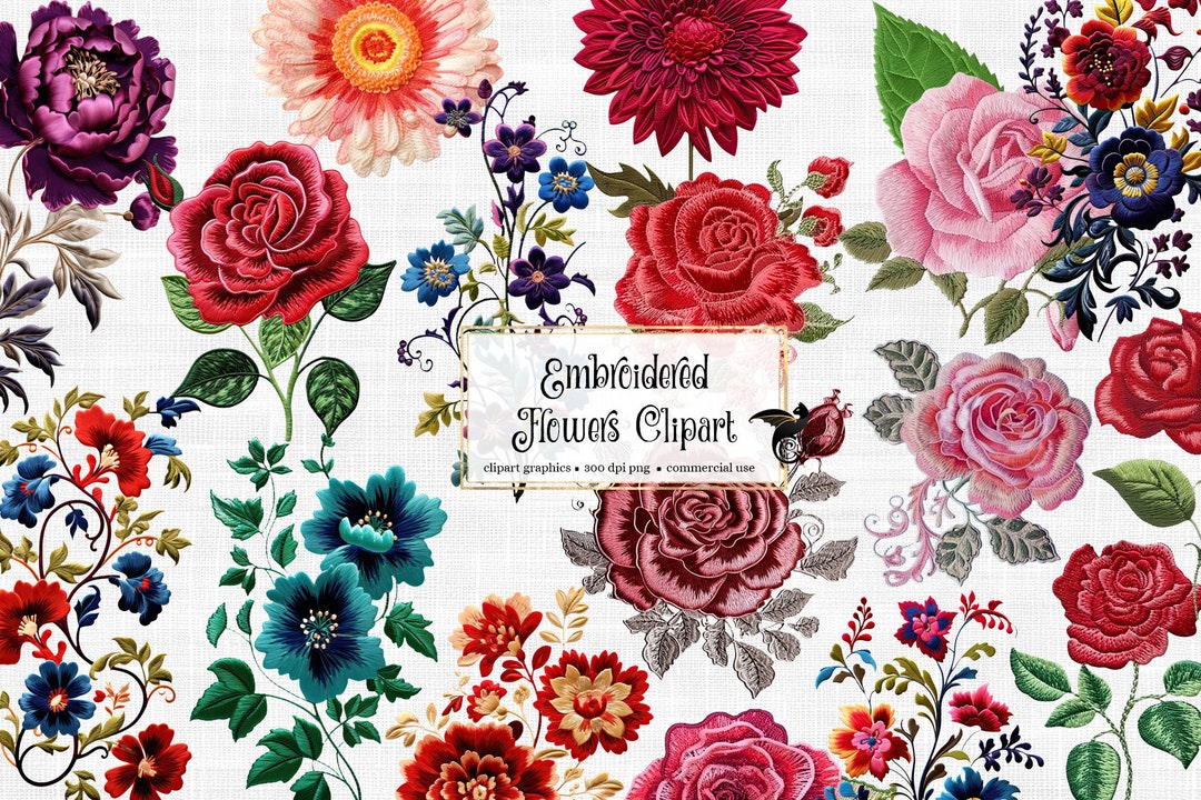 Embroidered Flowers Clipart - Cute Embroidery Floral PNG Format Instant ...