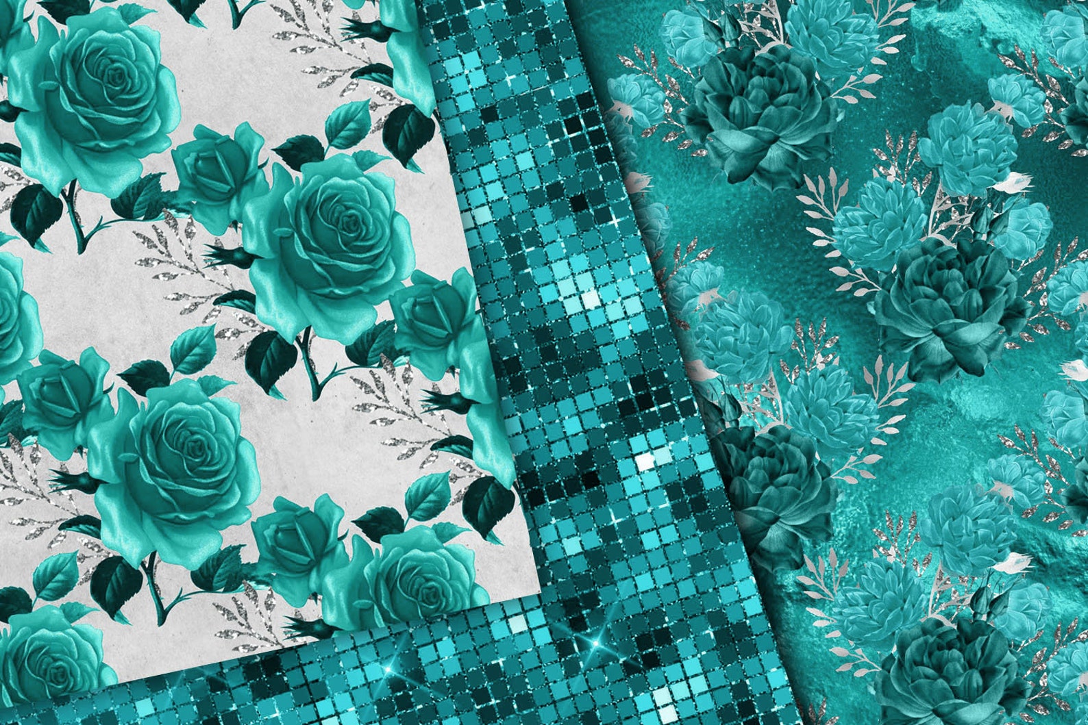 Teal and Silver Floral Digital Paper Seamless Turquoise Rose - Etsy