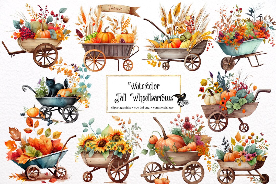 Watercolor Fall Wheelbarrows Clipart - Autumn Rustic Pumpkin and ...