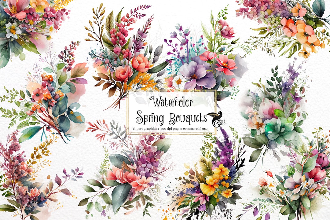 Watercolor Spring Bouquets Clipart - Floral Corner PNG Format Instant ...