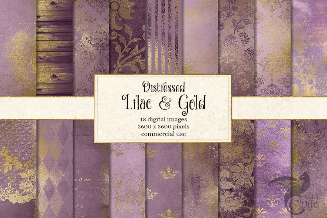 Distressed Lilac and Gold Digital Paper, Vintage Grunge Shabby Purple ...