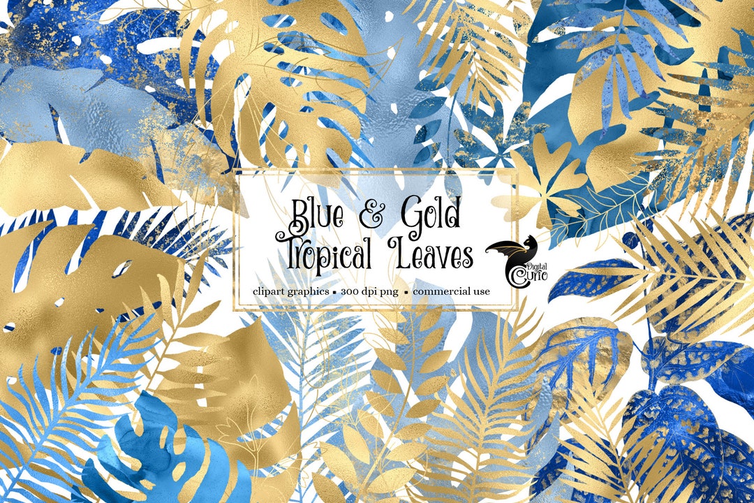 Blue and Gold Tropical Leaves Clipart, Gold Foil Tropical Leaf Clip Art ...
