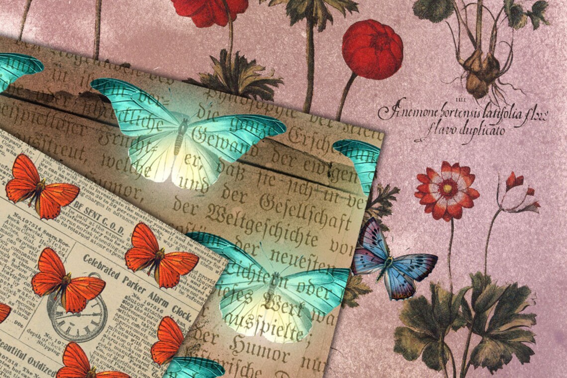 Butterfly Ephemera Digital Paper Vintage Textures Old - Etsy