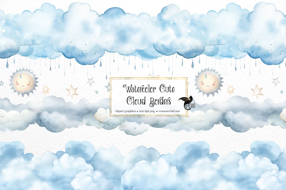 Watercolor Cute Cloud Borders Clipart - Seamless Borders Clip Art in ...