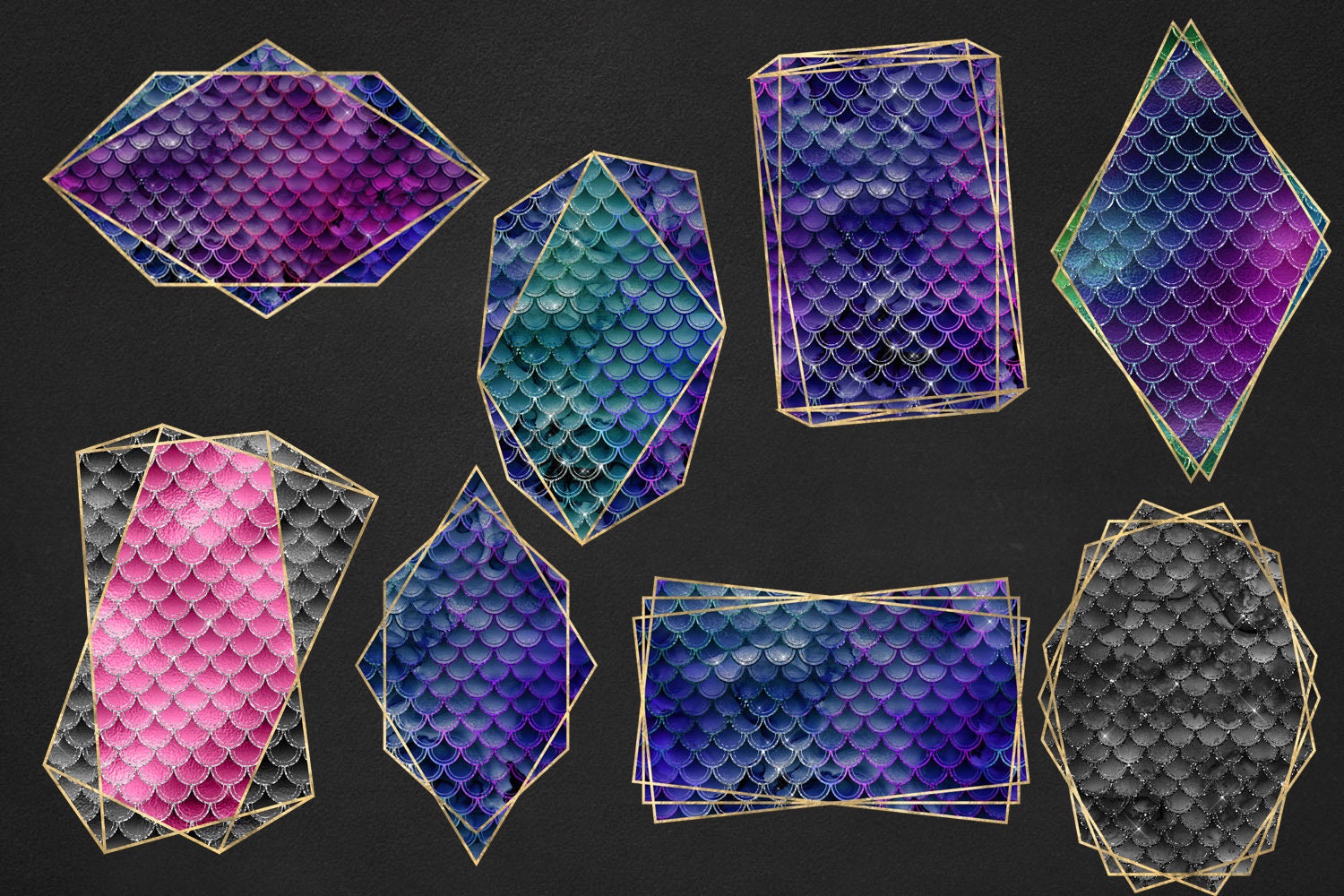 Mermaid Polygonal Frames Clipart geometric gold frames with | Etsy