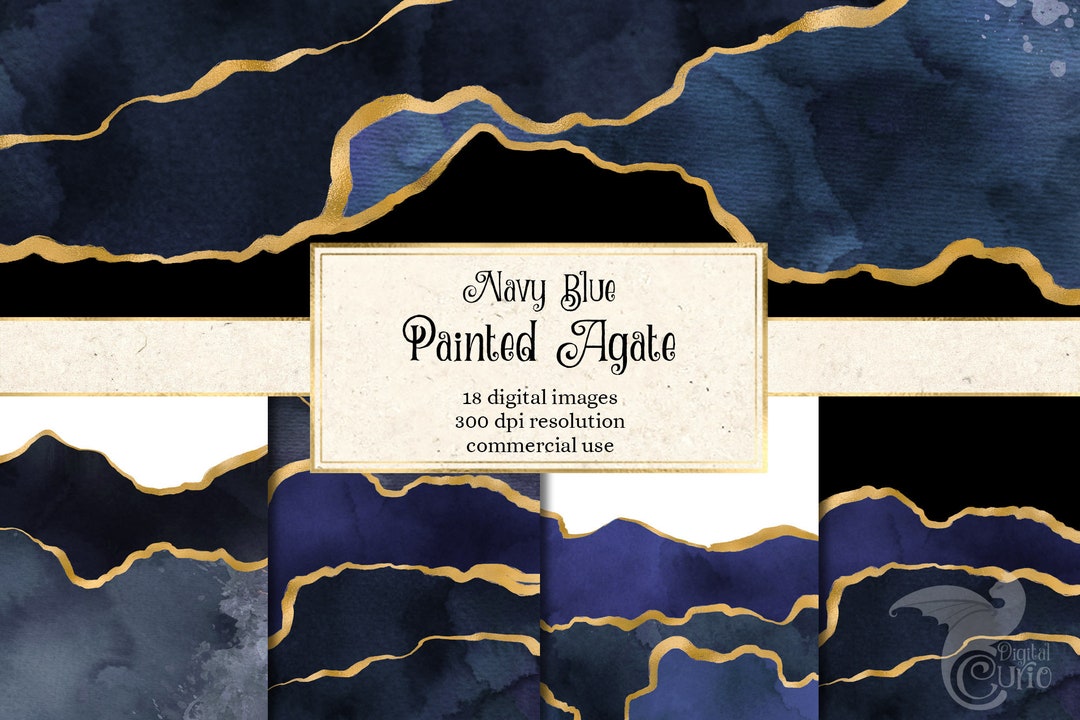 Navy Blue Painted Agate Borders, Digital Watercolor Geode PNG Overlays ...