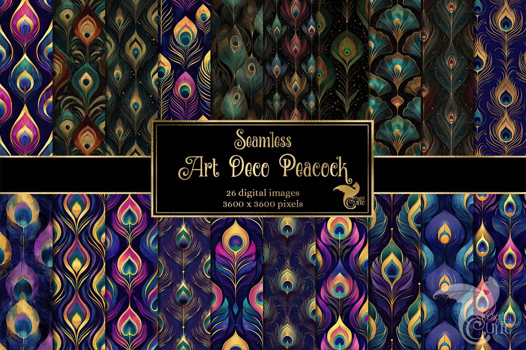 Art Deco Peacock Digital Paper – Seamless Feather Patterns and ...