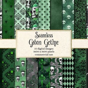 Seamless Green Gothic Digital Paper, Skull Damask Halloween Scrapbook ...