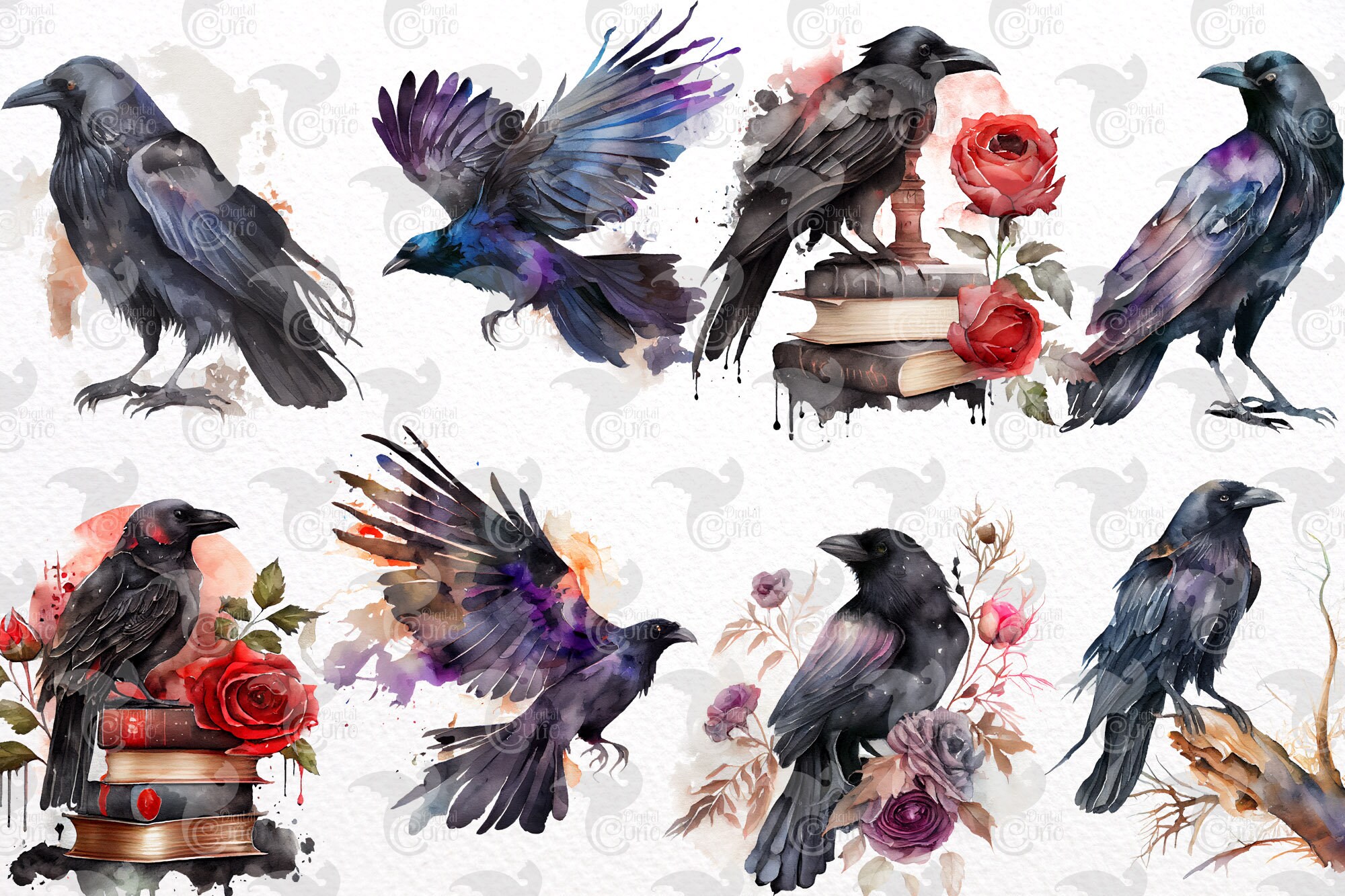 Watercolor Gothic Ravens Clipart – Dark Fantasy PNG (digital Download ...