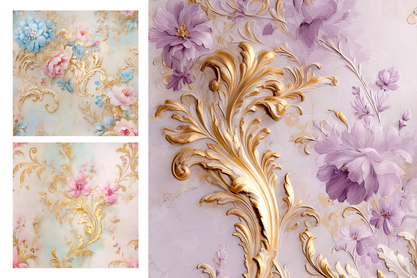 Shabby Rococo Digital Paper, Seamless Gold Foil Distressed Backgrounds ...