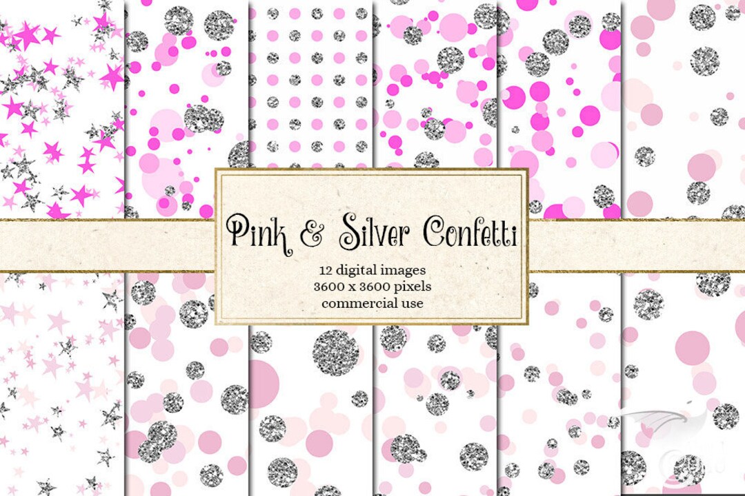 Pink and Silver Glitter Confetti Digital Paper, Pink and Silver Polka ...