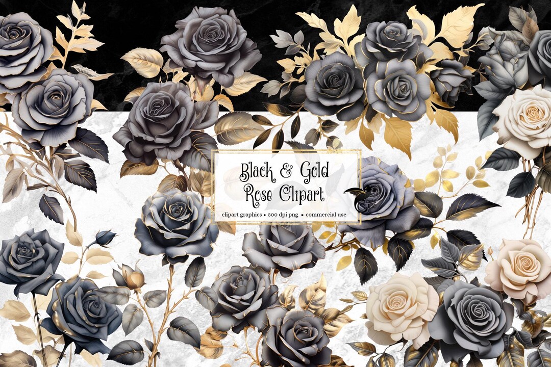 Black and Gold Roses Clipart - Rose Leaves and Bouquets in PNG Format ...