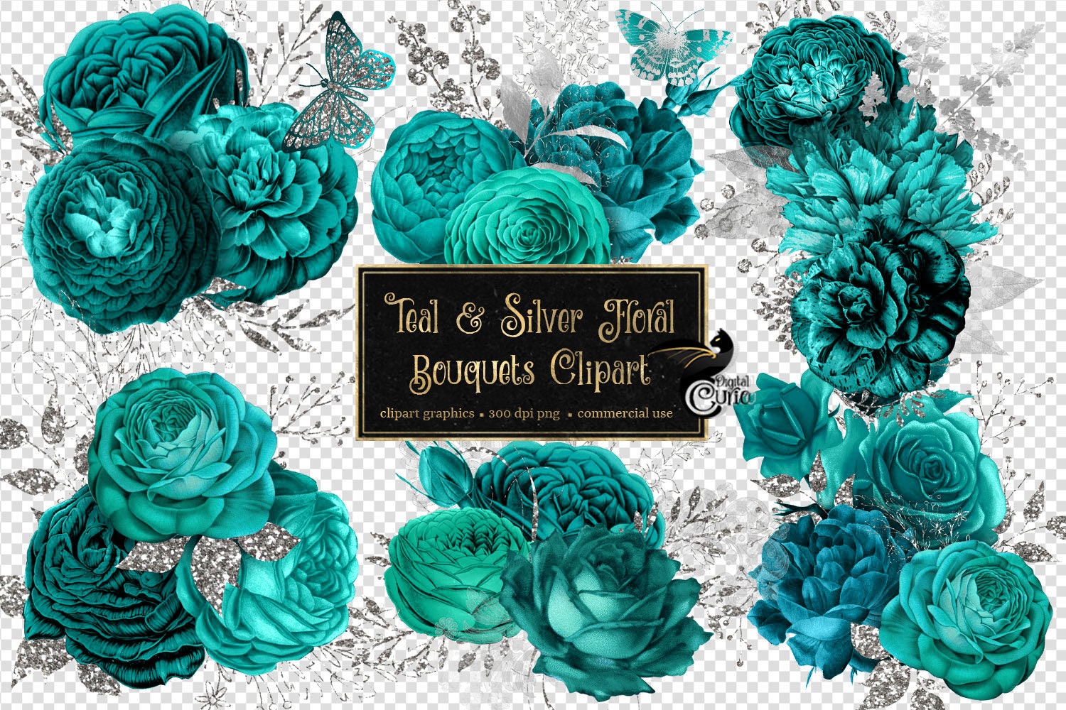 Teal and Silver Floral Clip Art Rustic Silver Glitter - Etsy