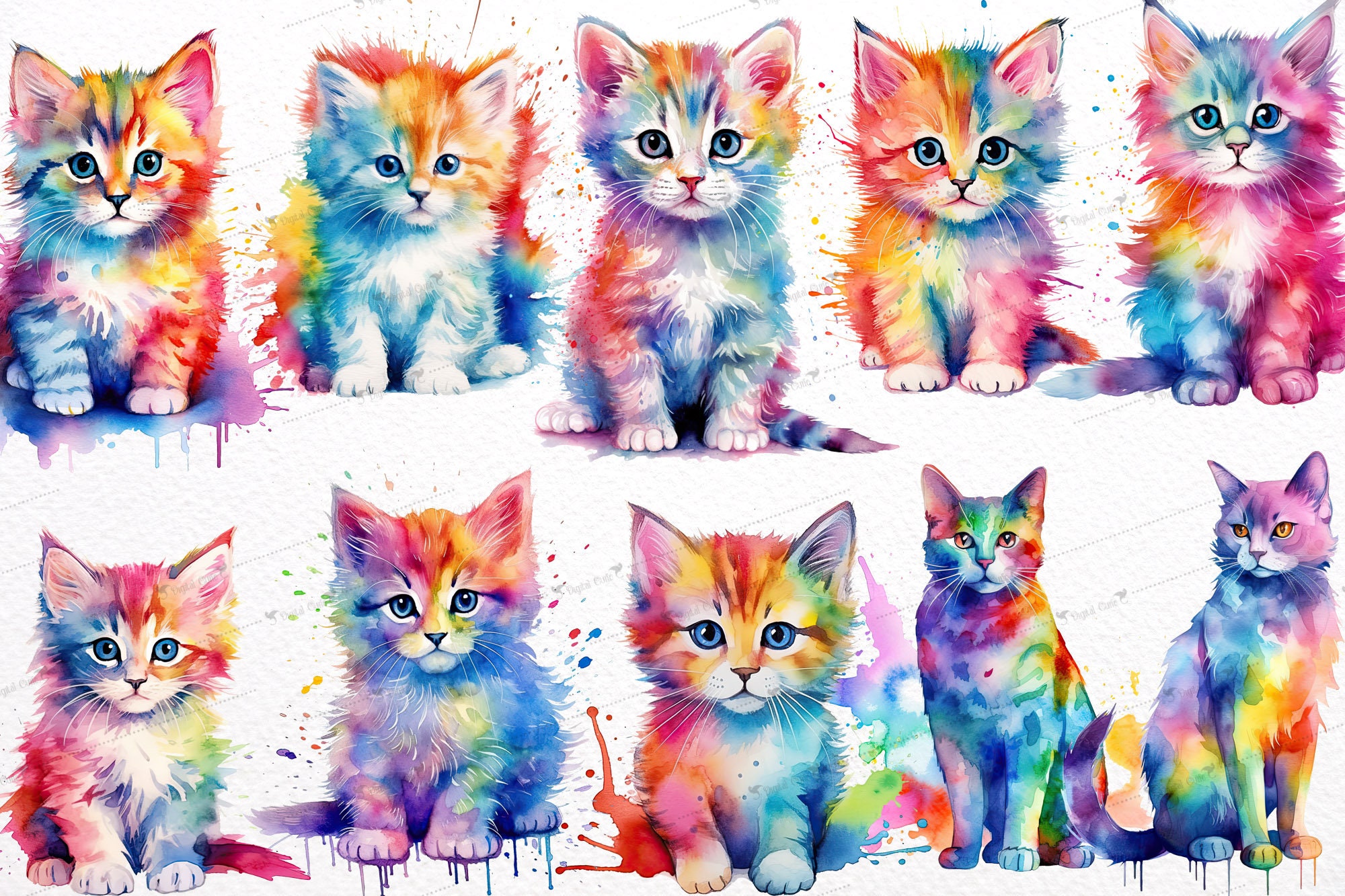 Watercolor Rainbow Kitties Clipart - Cute Cats and Kittens With Rainbow ...