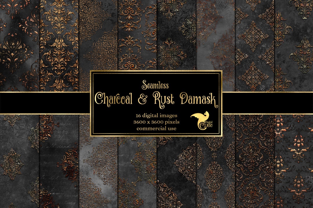 Charcoal Rust Damask Digital Paper - Vintage Grunge Patterns (digital ...
