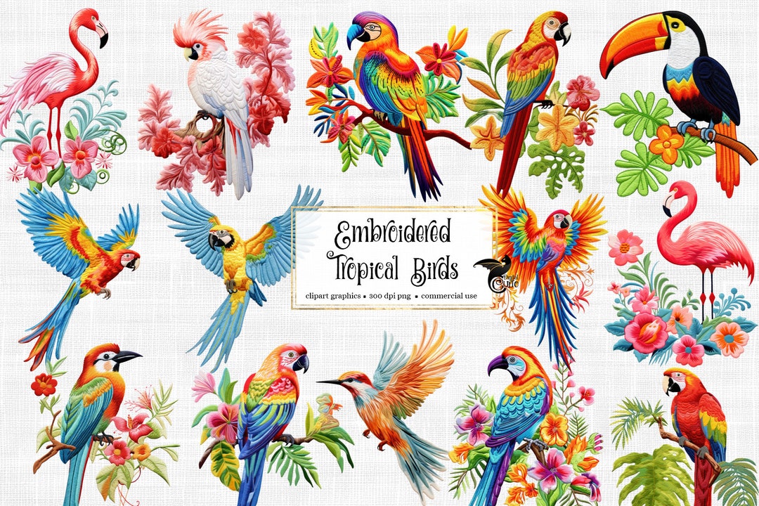 Embroidered Tropical Birds Clipart - Cute Embroidery Parrot and ...