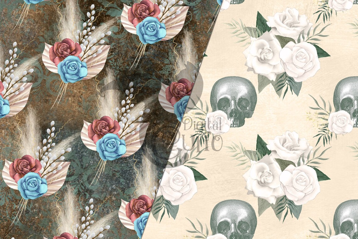 Boho Skulls Digital Paper Seamless Floral Skull Patterns and - Etsy