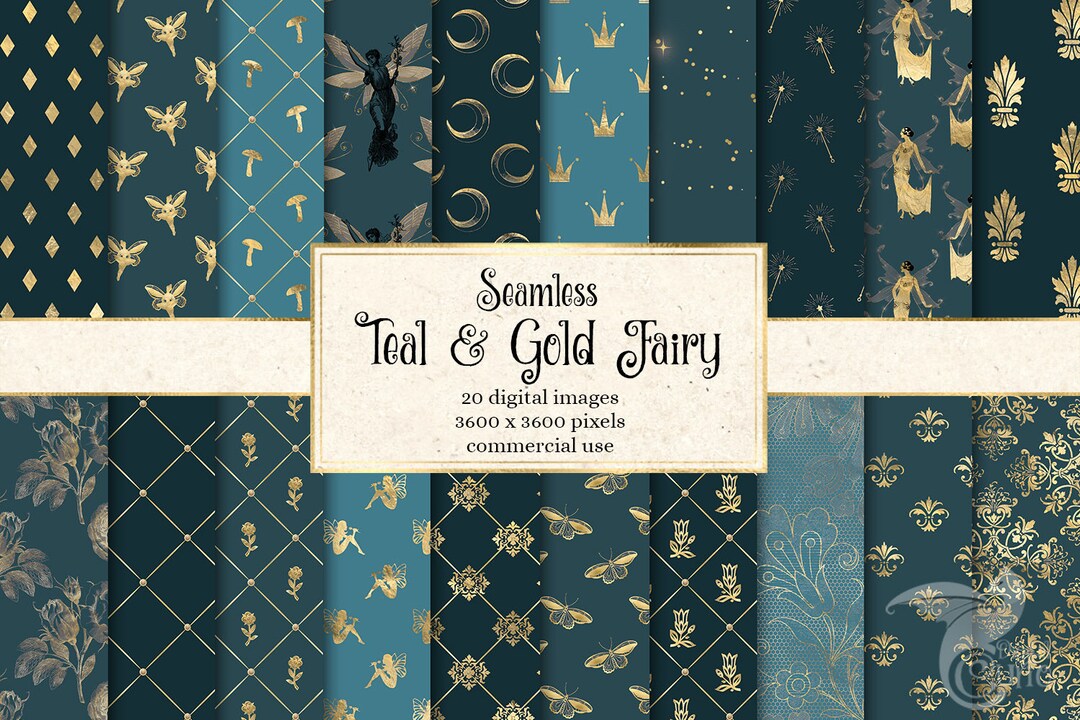 Teal and Gold Fairy Digital Paper, Seamless Textures With Turquoise ...