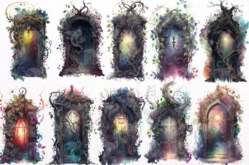 Watercolor Fantasy Doors Clipart Floral Magic Door - Etsy