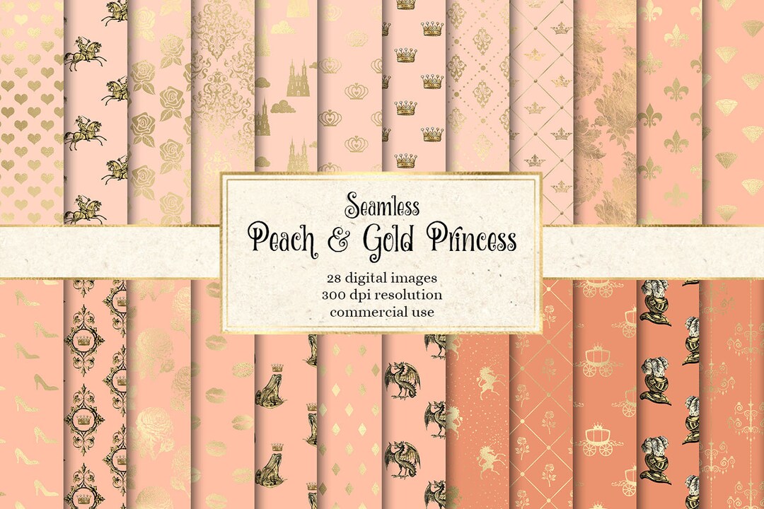 Peach and Gold Princess Digital Paper, Seamless Blush Pink Fairy ...