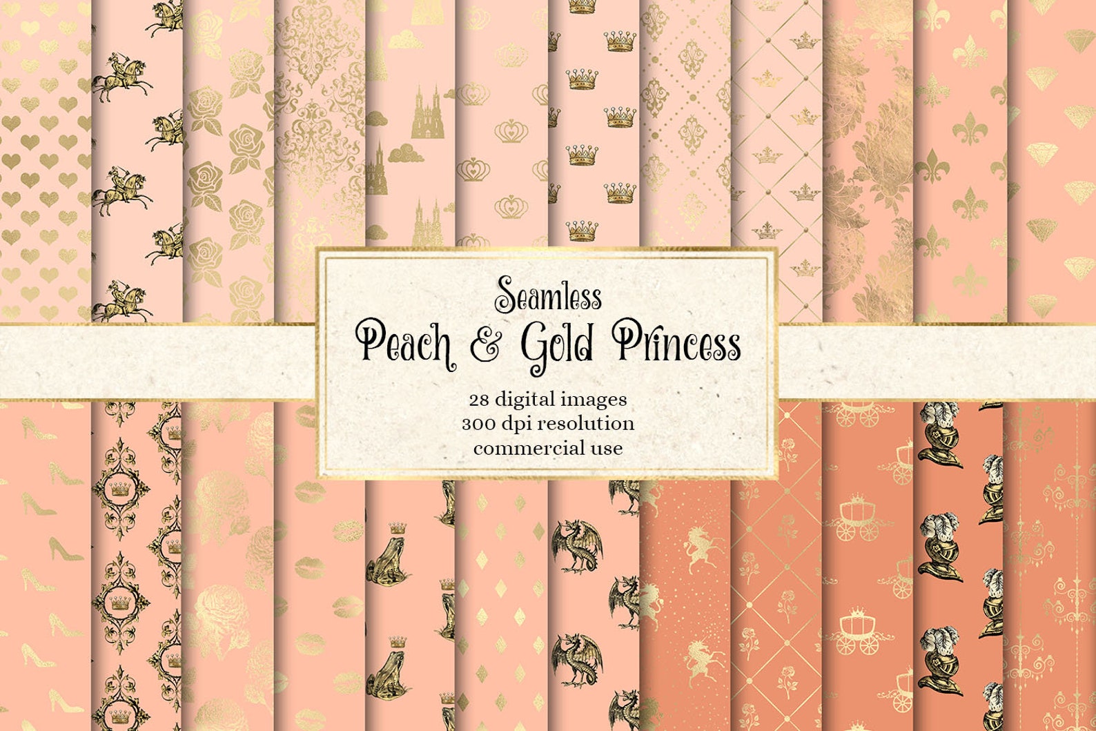 Peach and Gold Princess Digital Paper, Seamless Scrapbook Patterns ...