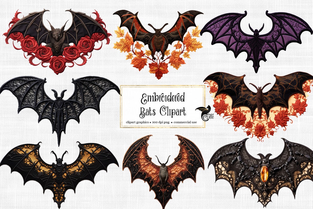 Embroidered Bats Clipart - Halloween Cute Embroidery Vampire Bats PNG ...