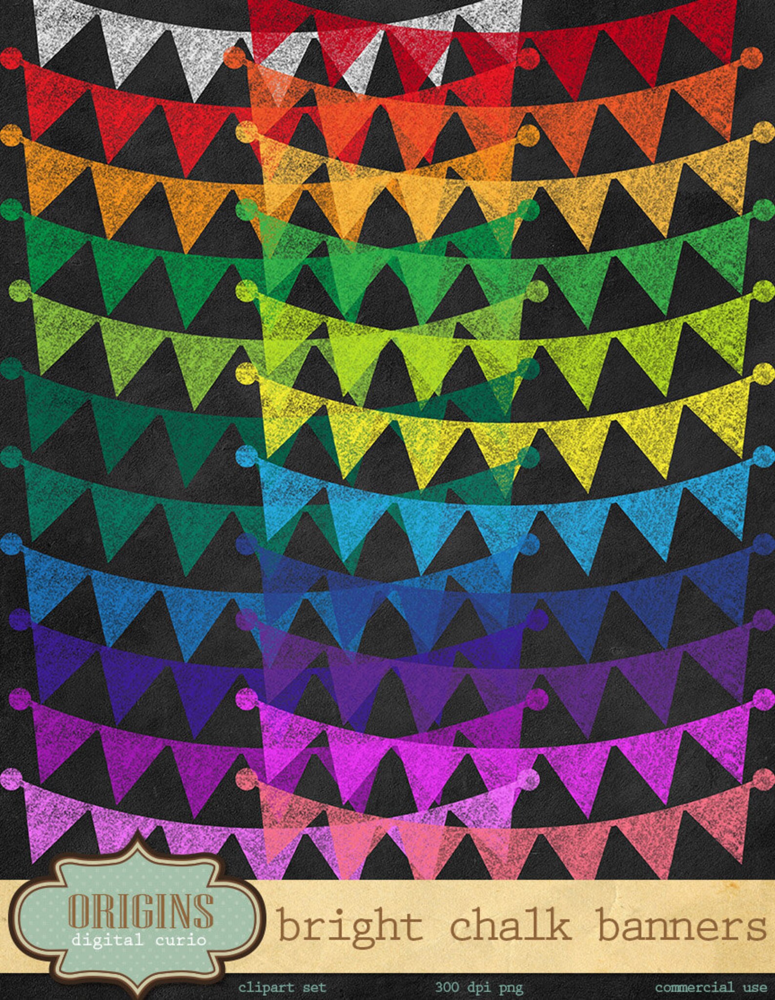 Chalkboard Bright Bunting Banners Clip Art PNG Clipart Set | Etsy