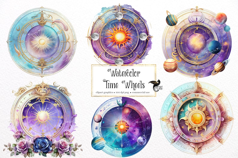 Watercolor Celestial Time Wheels Clipart – Fantasy Magic PNG (digital ...