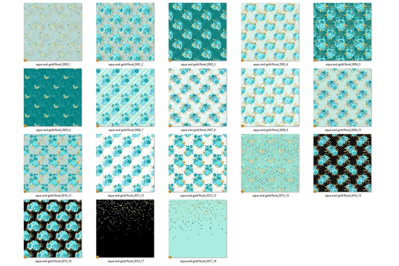 Aqua and Gold Floral Digital Paper, Watercolor Flower Backgrounds ...