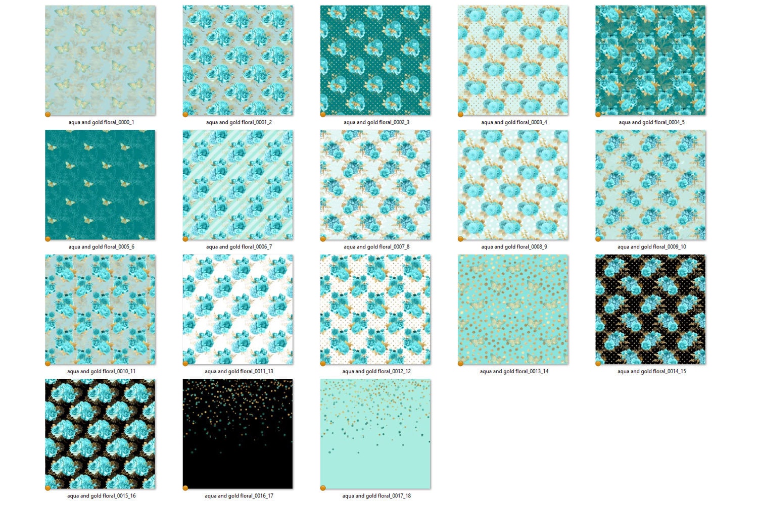 Aqua and Gold Floral Digital Paper, Watercolor Flower Backgrounds ...