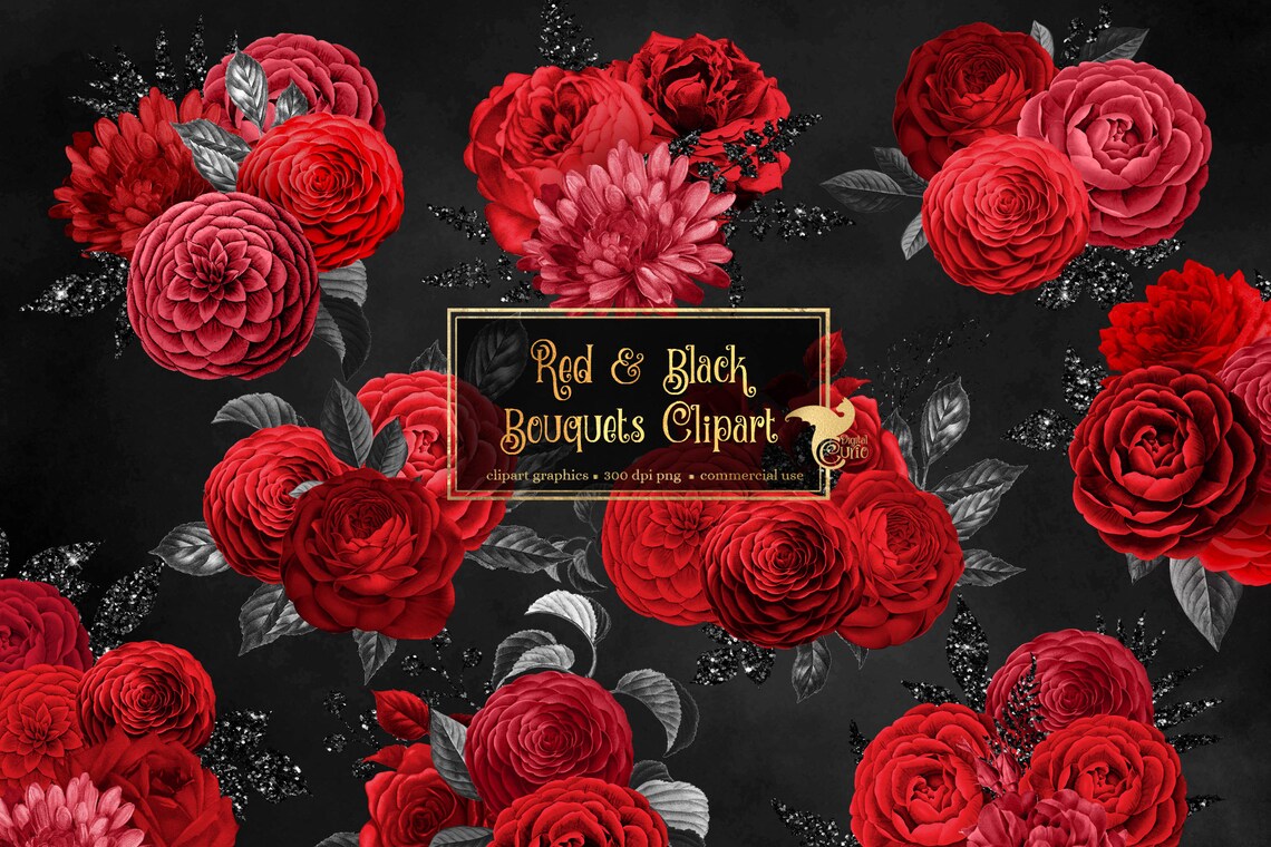 Red and Black Floral Bouquets Clipart Digital Instant - Etsy
