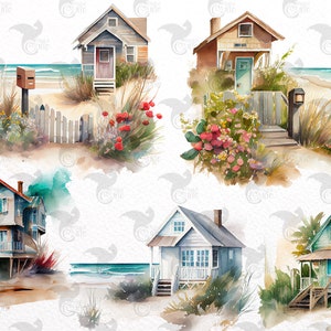 Watercolor Beach House Clipart - Ocean Seascape Cottage PNG Format ...