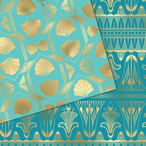 Turquoise and Gold Art Deco Digital Paper, Seamless Deco Patterns With ...
