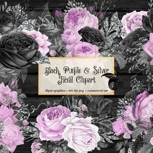 Black Purple and Silver Floral Clipart, Vintage Flower Clip Art Silver ...