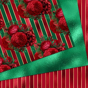Red and Green Floral Digital Paper, Seamless Christmas Flower Patterns ...