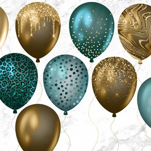 Teal and Gold Balloons Clipart, Glitter Balloon Png Digital Overlays ...