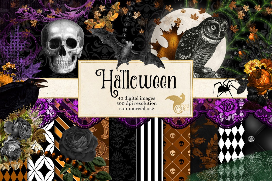 Halloween Scrapbook Kit, Digital Paper Clipart, Bats, Skulls (digital ...