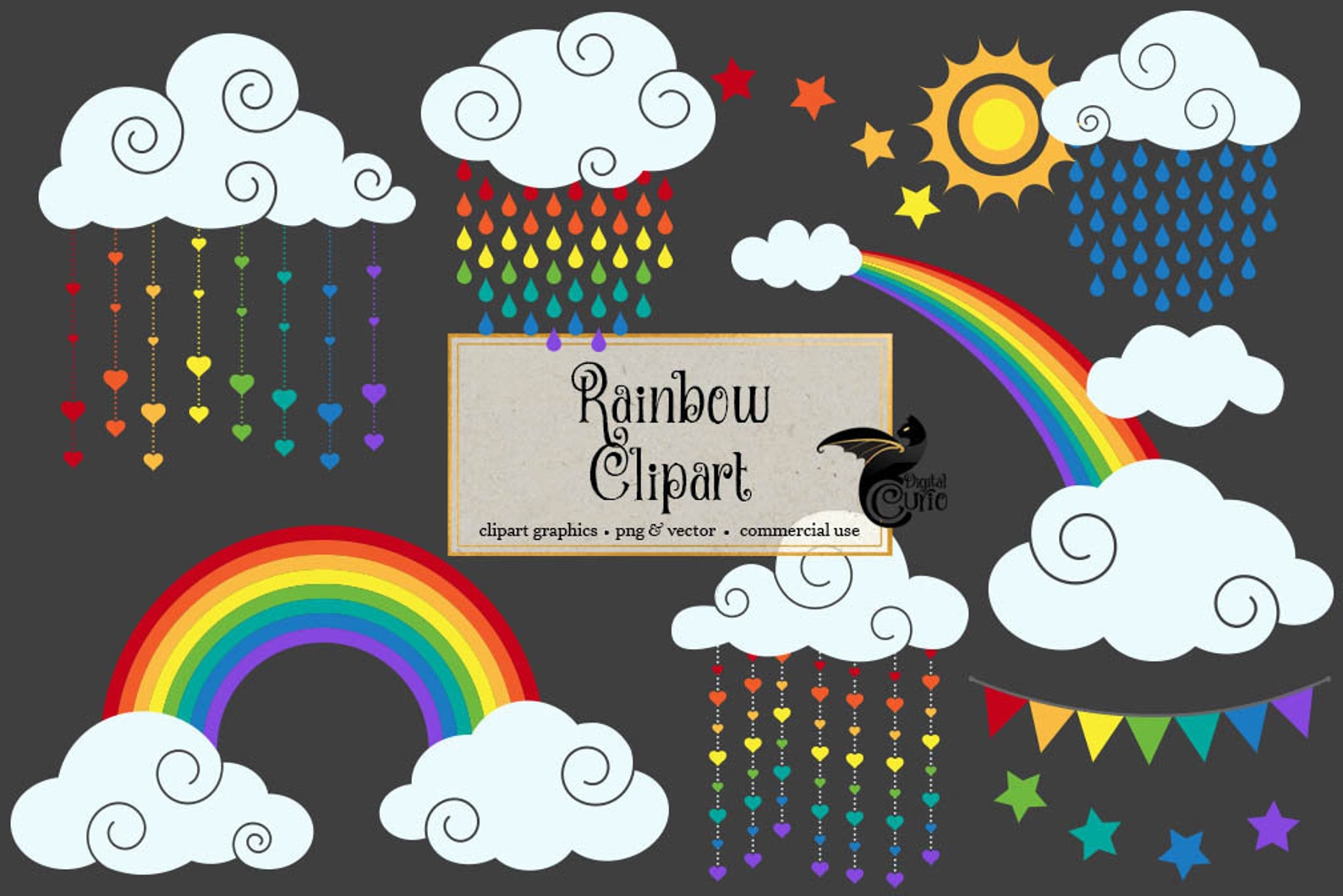Rainbow Clipart, Vector Rainbow Clip Art, Clouds, Weather Clipart, Rain ...