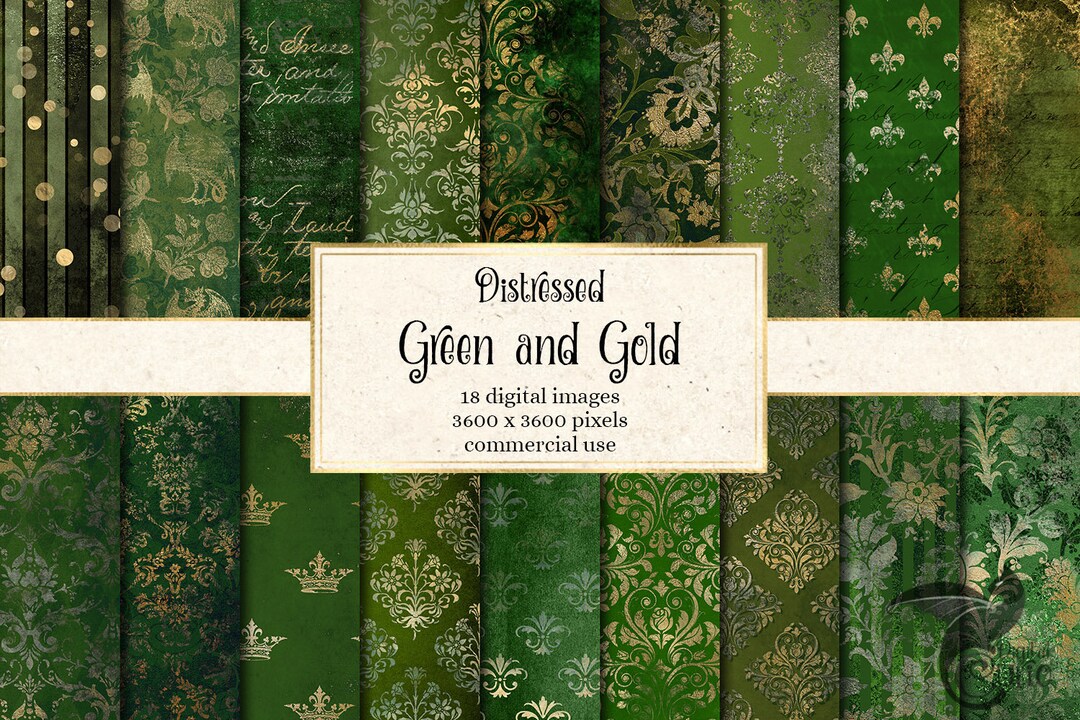 Distressed Green and Gold Digital Paper, Gold Foil Patterns, Vintage ...