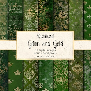 Distressed Green and Gold Digital Paper, Gold Foil Patterns, Vintage ...