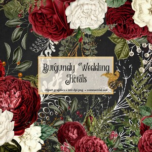 Burgundy Wedding Florals Clipart, Wine Red, Ivory White and Russet Gold ...