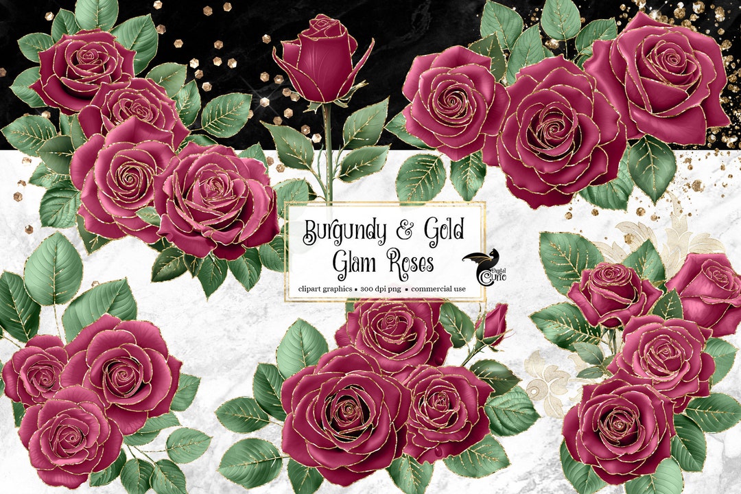 Burgundy and Gold Glam Rose Clip Art, Digital Instant Download Glitter ...