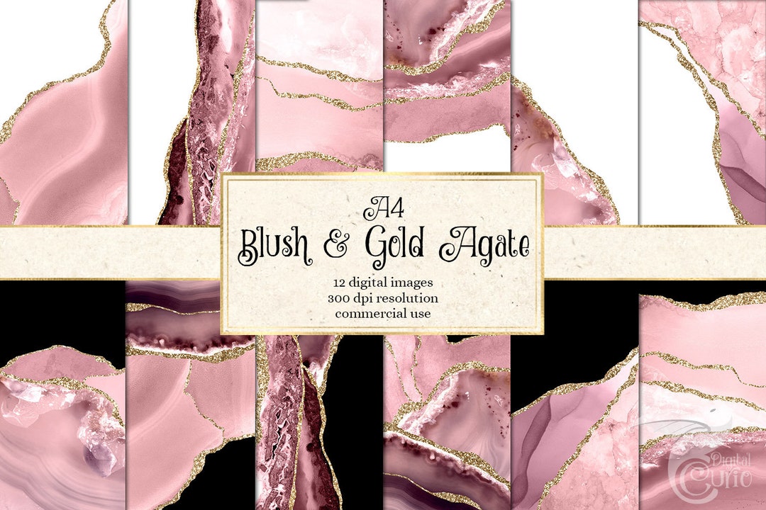 Blush Pink Gold Agate Digital Paper, Watercolor Geode Backgrounds (A4 ...