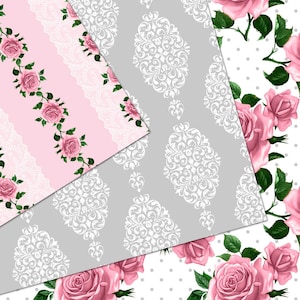 Pink and Gray Shabby Digital Paper, Seamless Floral Patterns Rustic ...