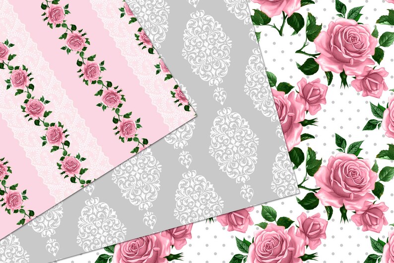 Pink and Gray Floral Digital Paper, Shabby Chic Seamless Patterns ...