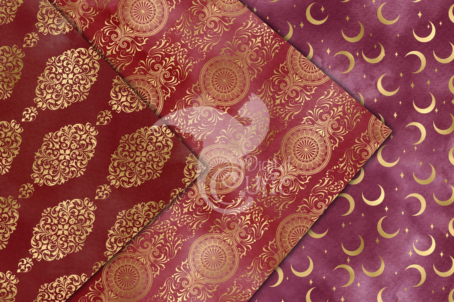 Dark Fantasy Watercolor Digital Paper – Celestial Gold Foil (seamless ...